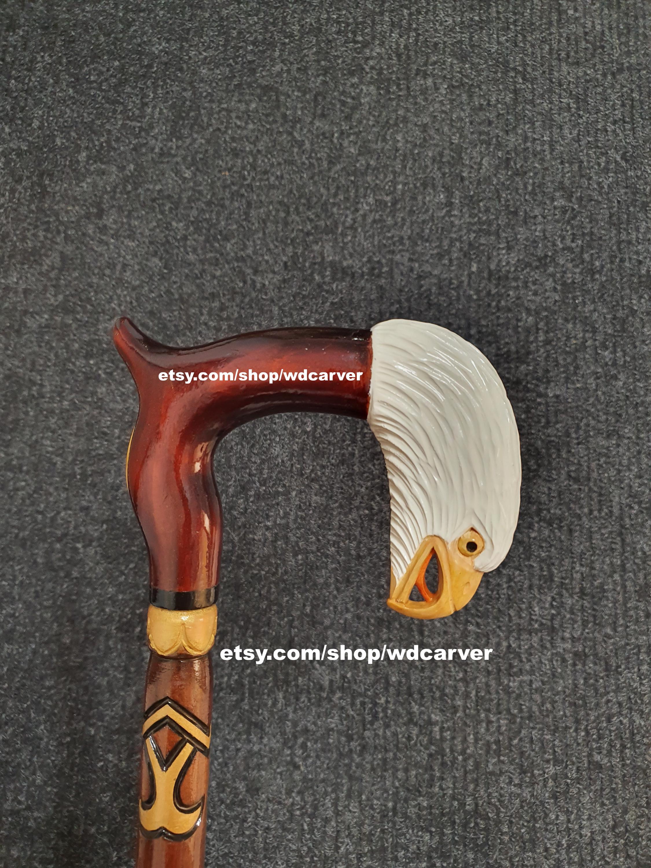 Bald Eagle Walking Stick, Handmade Wood Carved Bald Eagle Head Walking ...