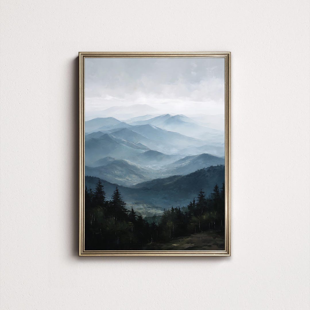 Muted Mountain Landscape Wall Art | Serene Nature Oil Painting | Blue ...