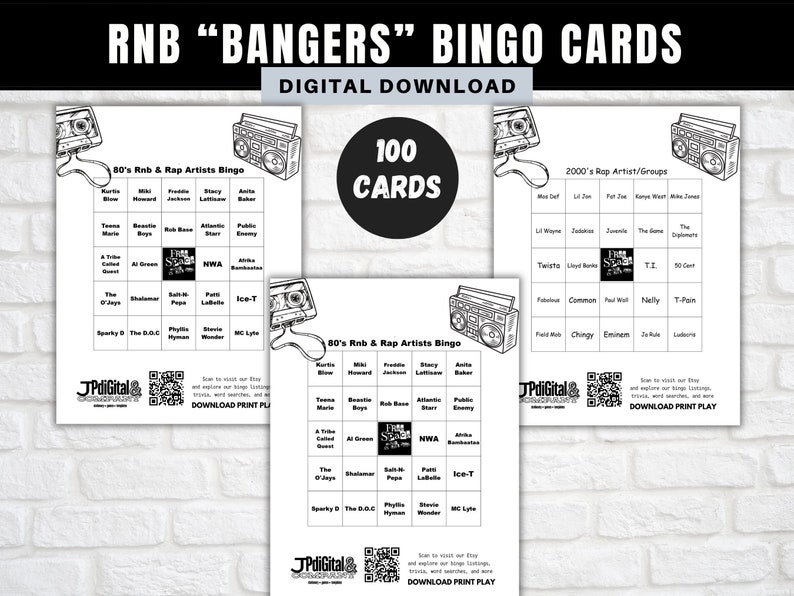 100 Music Bangers Bingo Cards, 90's Rnb Bingo, 80's Music Bingo, Printable Bingo Cards, Music ...