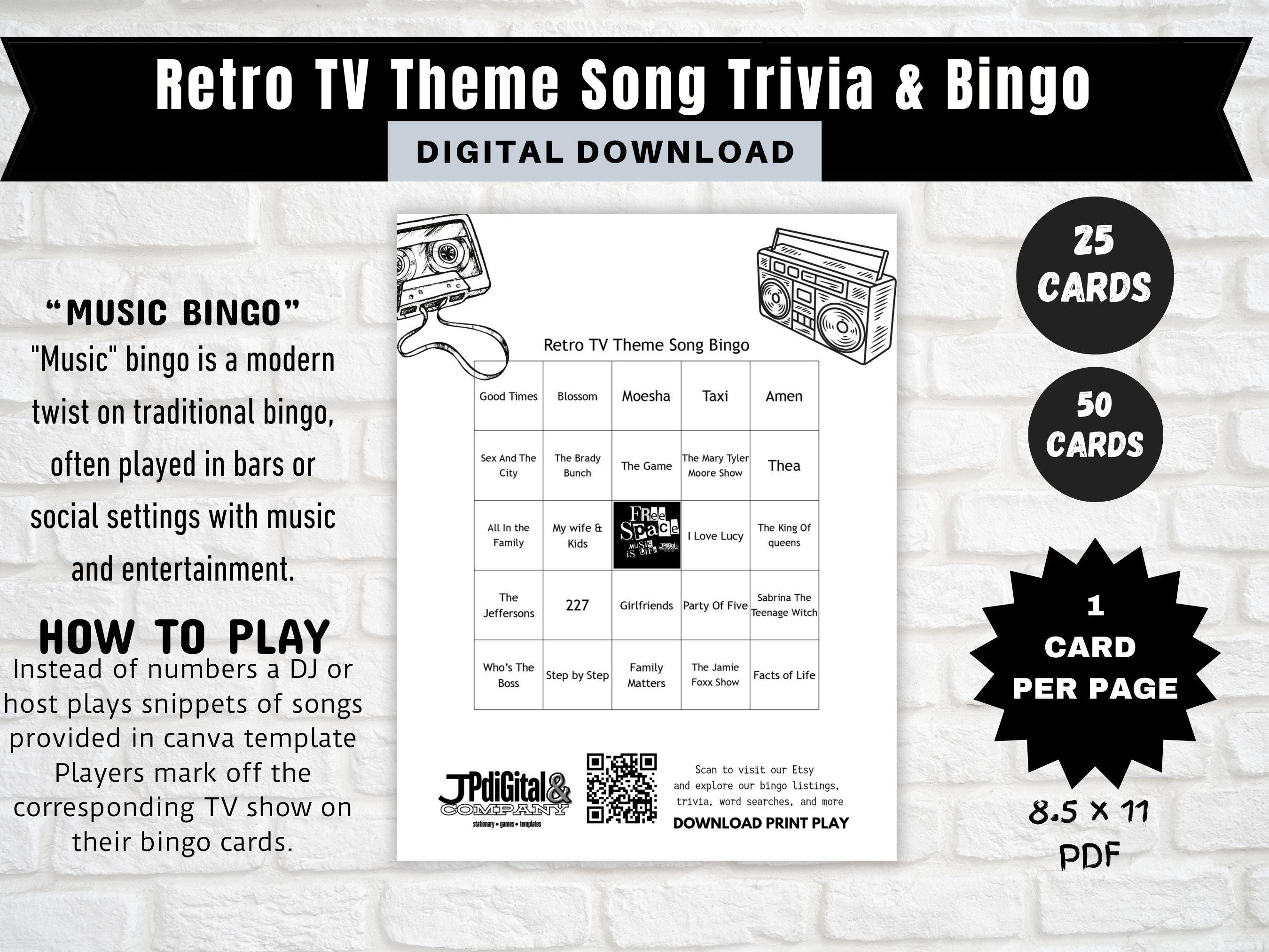 Retro Theme Song Trivia Bingo Canva Template, 90s Tv, Printable ...