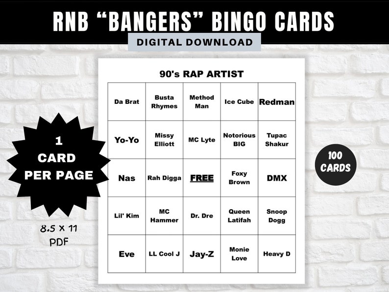 100 Music Bangers Bingo Cards, 90's Rnb Bingo, 80's Music Bingo, Printable Bingo Cards, Music ...