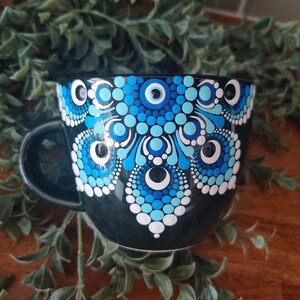 Evil Eye Blue White Mandala Hand Painted Boho Black Coffee Mug - Etsy