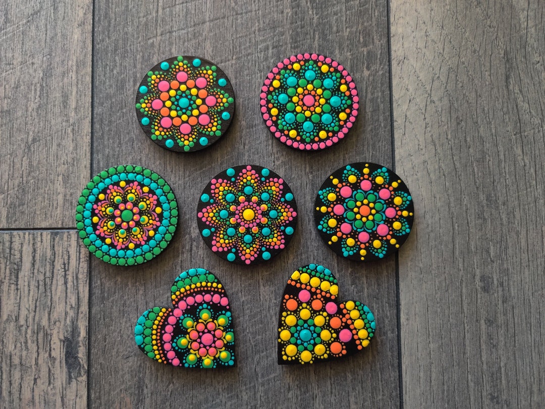 Bright Mandala Dot Art Hand Painted Heart or Round Boho Fridge Magnets ...