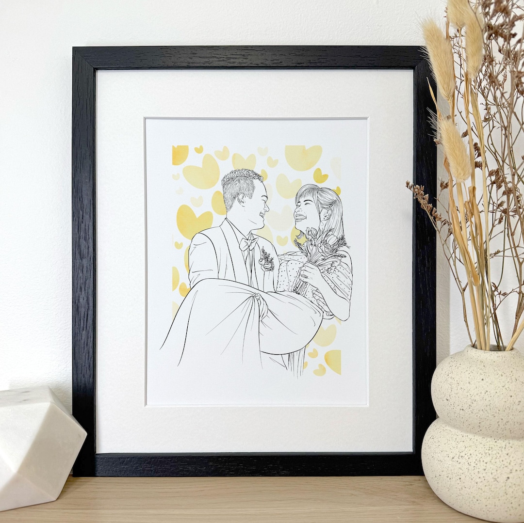 Custom Hand-drawn Bride and Groom Line Portrait Drawing From Photo ...