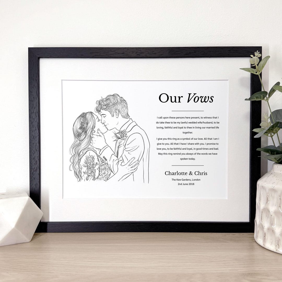 Custom Hand Drawn Bride and Groom Wedding Vows Line Portrait Drawing ...