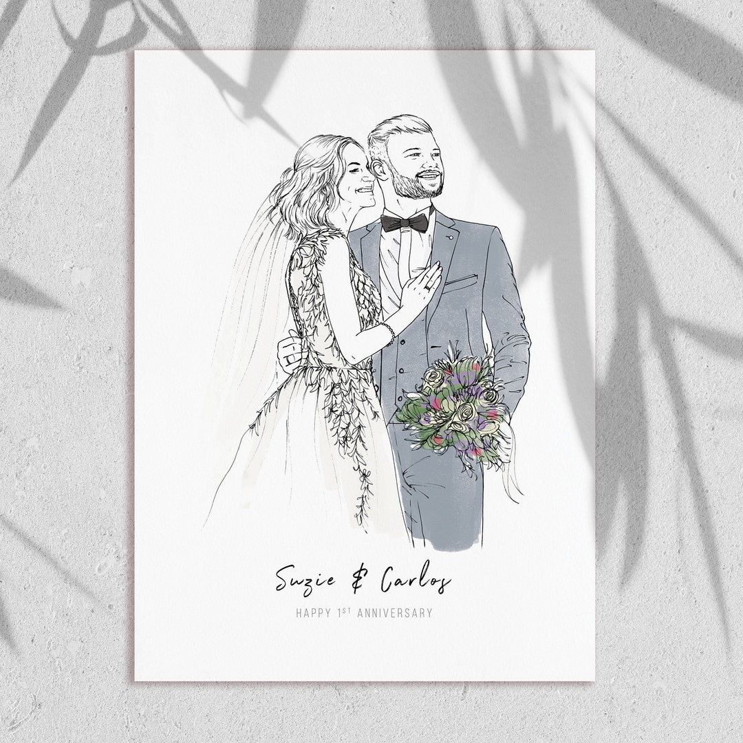 Custom Watercolour Wedding Line Drawing | Personalised Hand Drawn ...