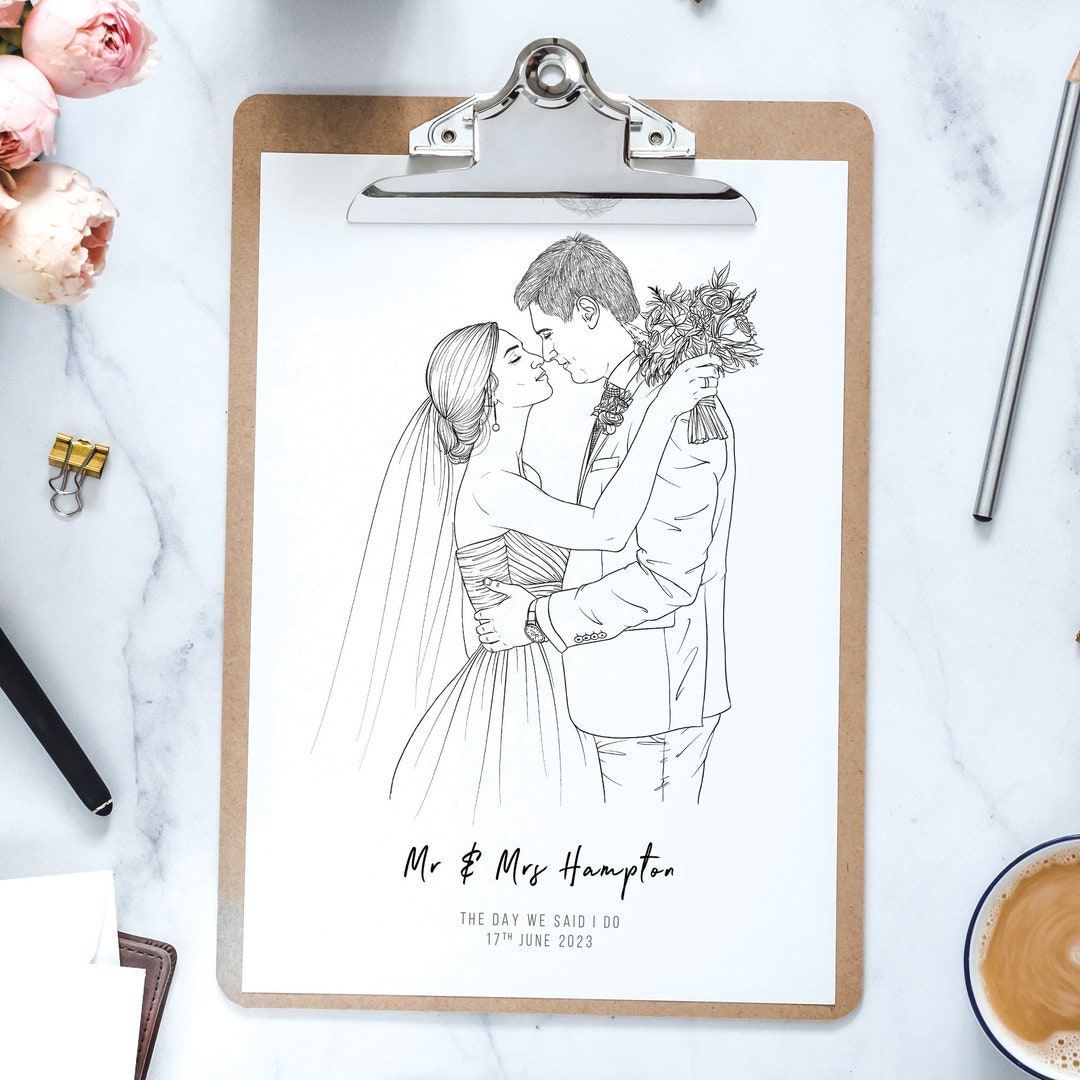 Custom Hand-drawn Couples Wedding Line Portrait | Wedding Line Drawing ...