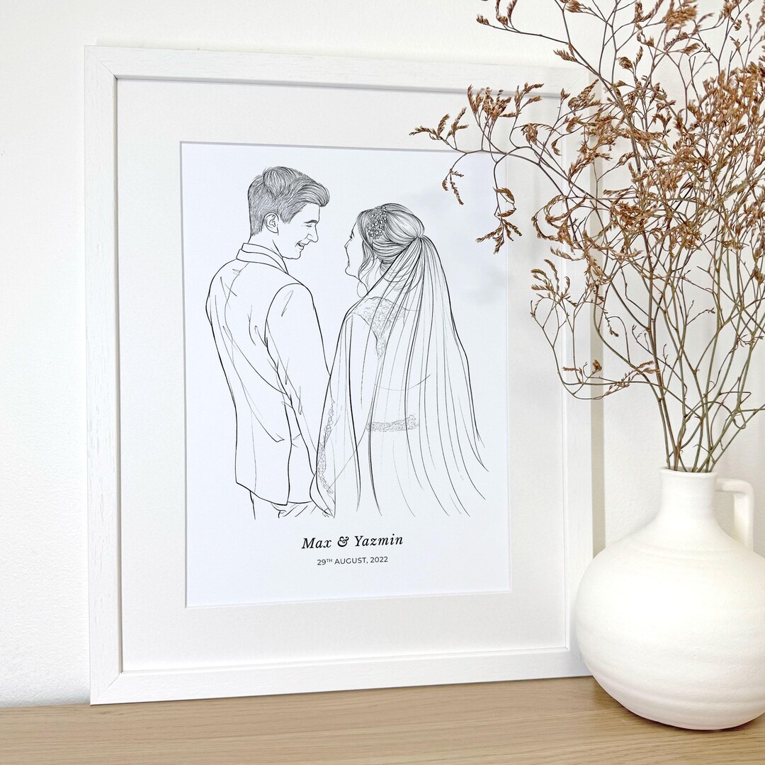 Custom Hand Drawn Bride and Groom Wedding Line Portrait Drawing From ...