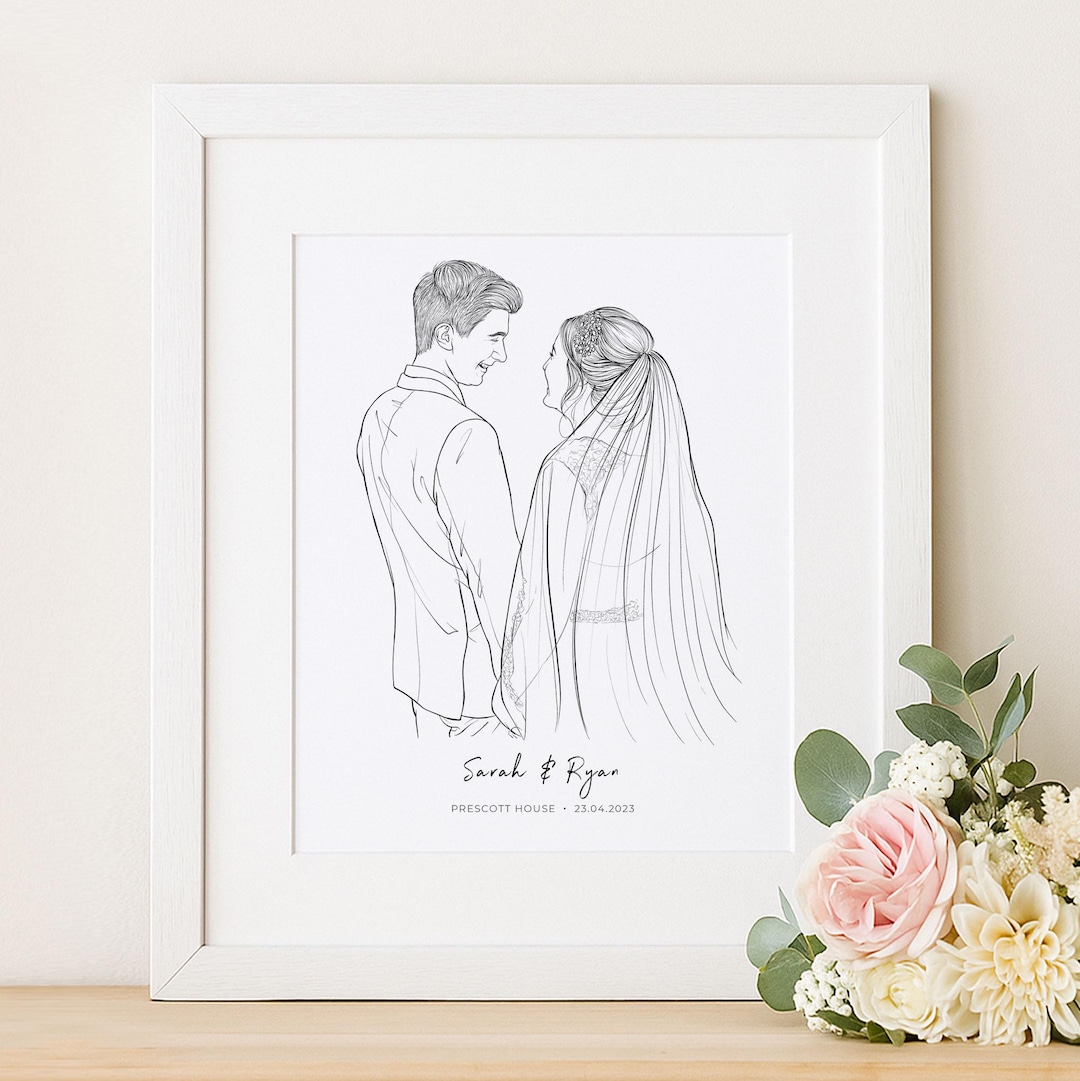 Custom Hand Drawn Bride and Groom Wedding Line Portrait | Drawing From ...