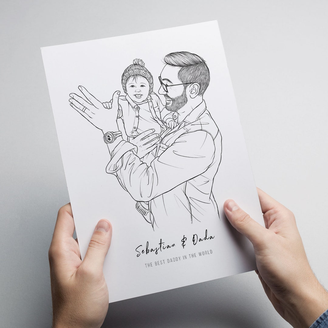 Personalised Hand Drawn Daddy & Family Line Drawing, Custom Portrait ...