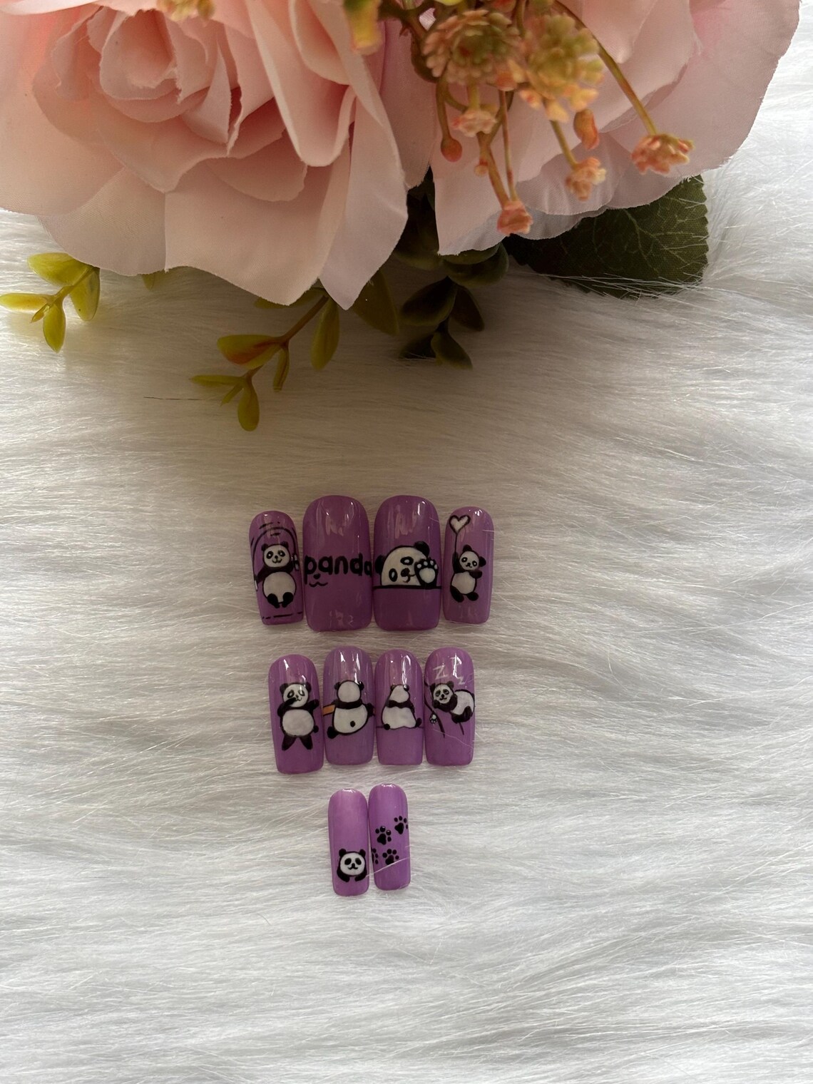 Cute Panda Nail Art Press-on Nails – Hand-painted Kawaii Panda Nail ...