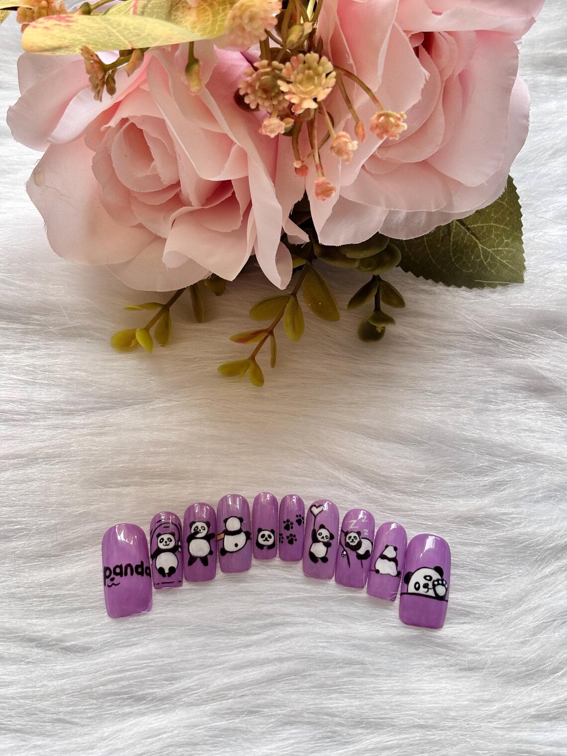 Cute Panda Nail Art Press-on Nails – Hand-painted Kawaii Panda Nail ...