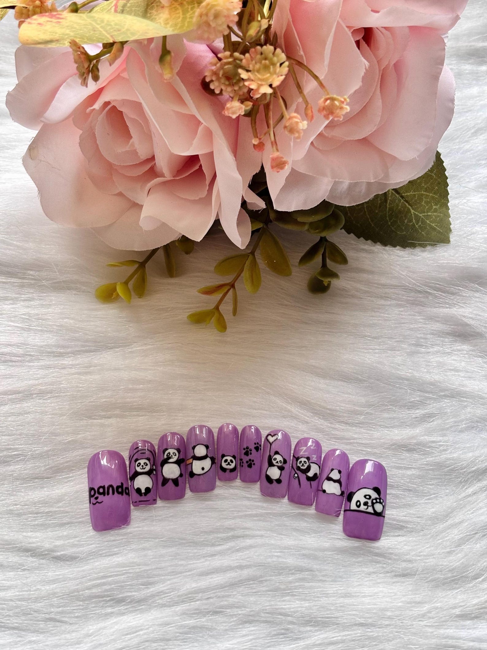 Cute Panda Nail Art Press-on Nails – Hand-painted Kawaii Panda Nail ...