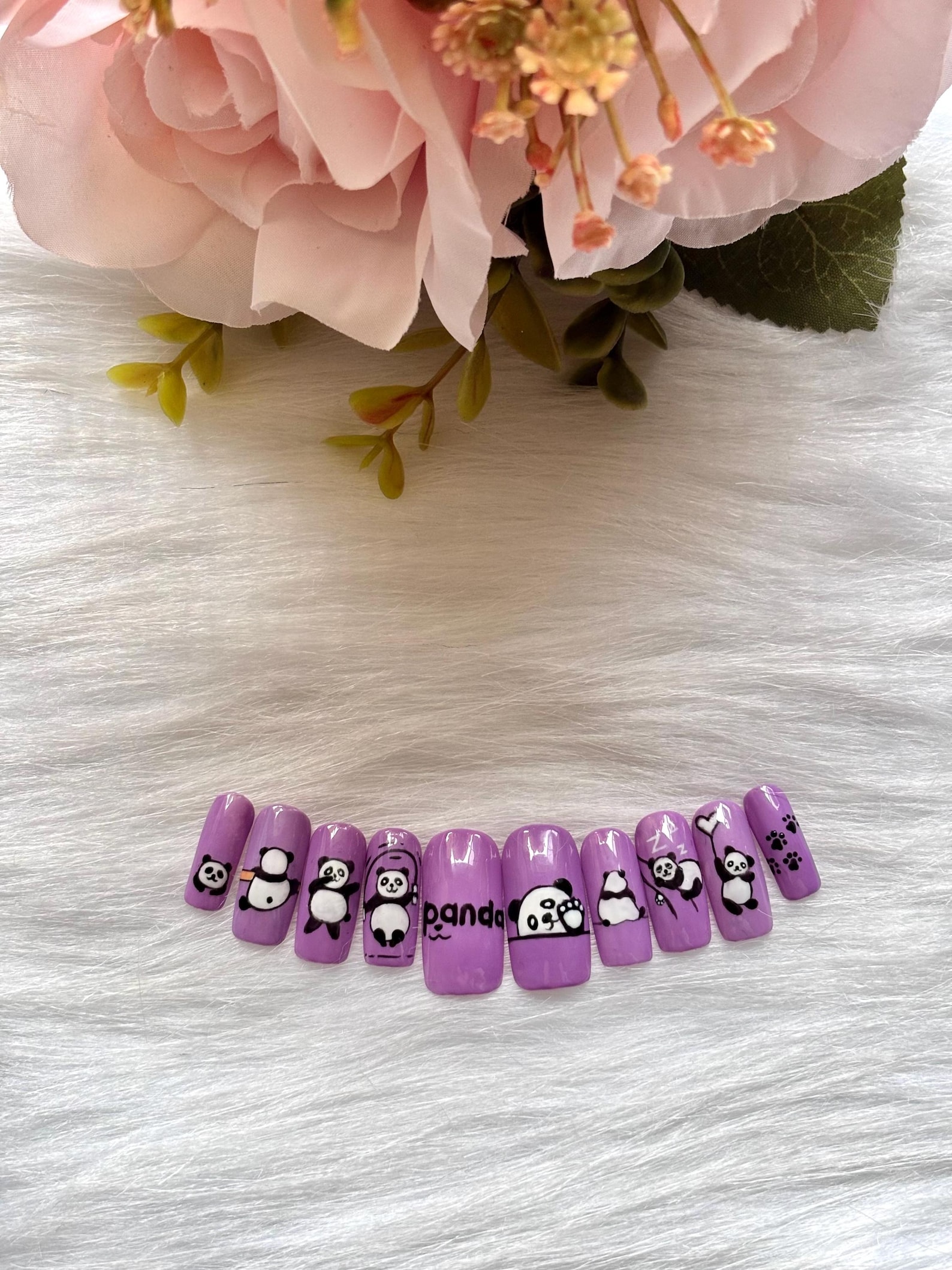 Cute Panda Nail Art Press-on Nails – Hand-painted Kawaii Panda Nail ...