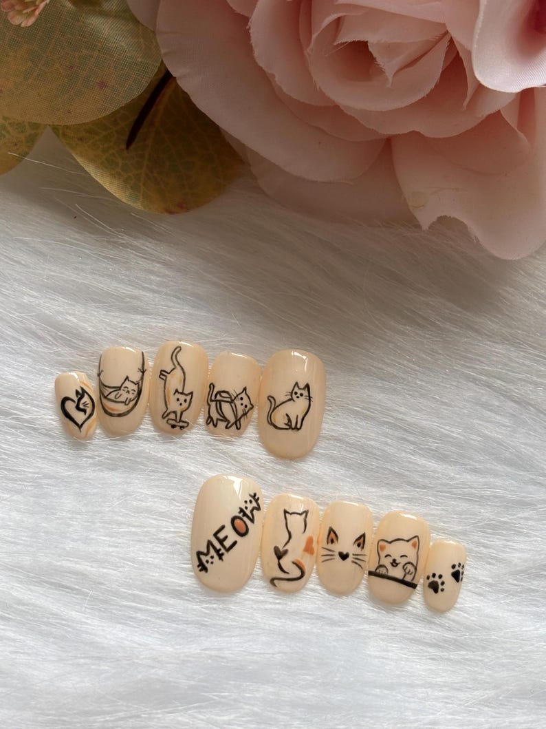 Cute Cat Nail Art Press-on Nails – Hand-painted Cat Nail Design ...
