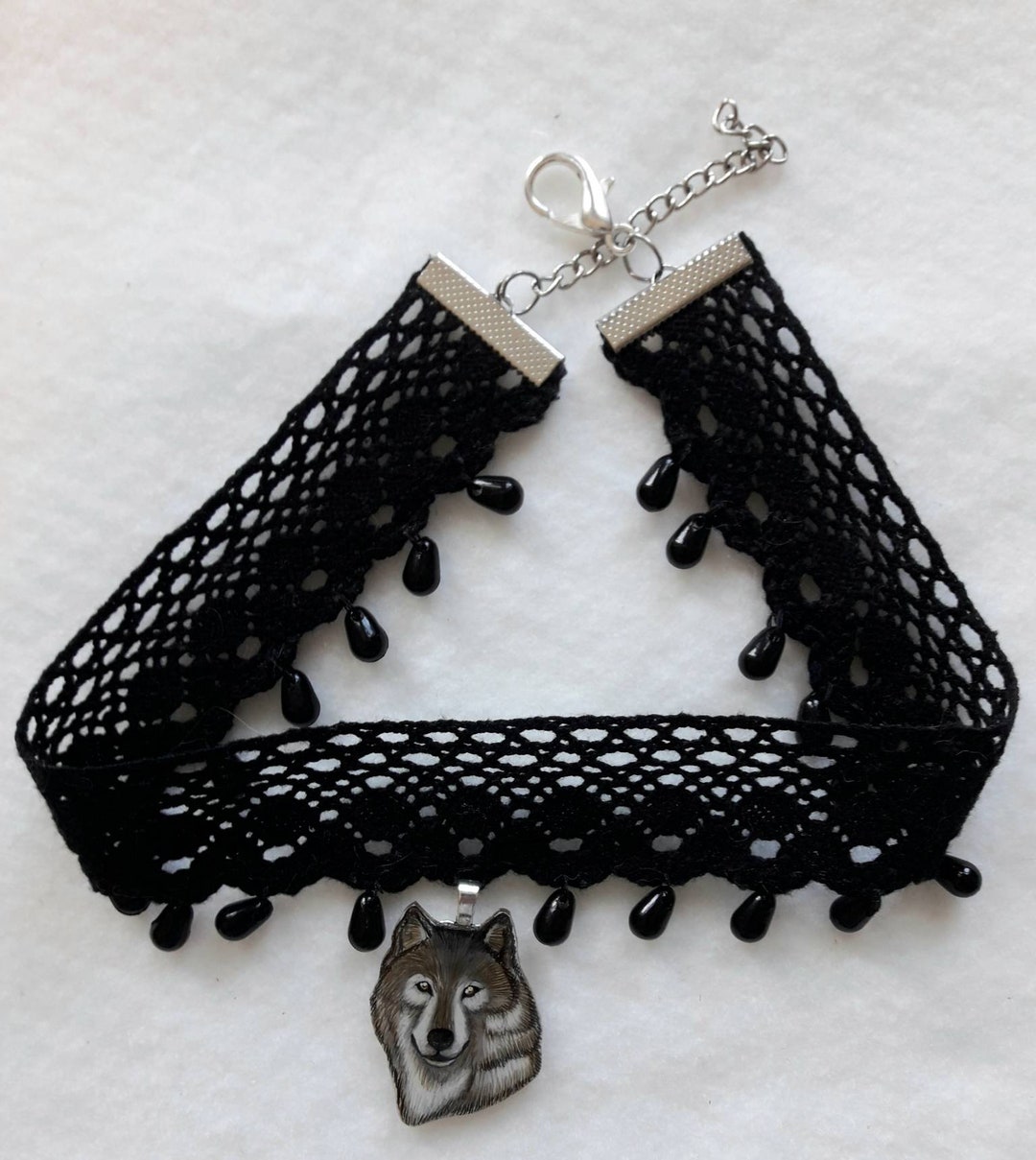 Collar, Necklace, Necklace Wolf, Wolf Head, Lace Black, Pearls Black - Etsy