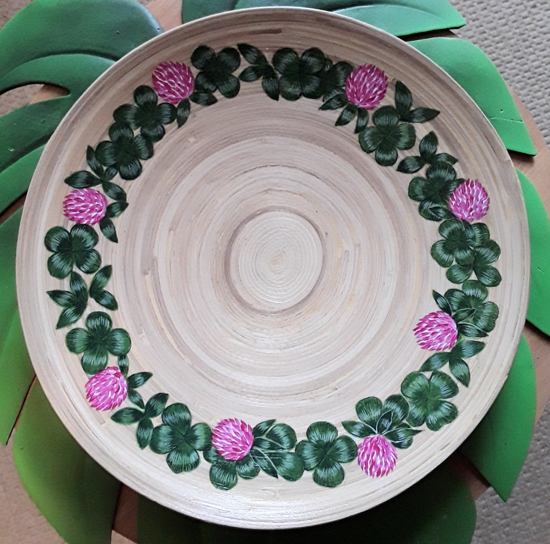 Wooden Plate Clover Lucky Clover Plate Bowl Wooden Bowl Decoration ...