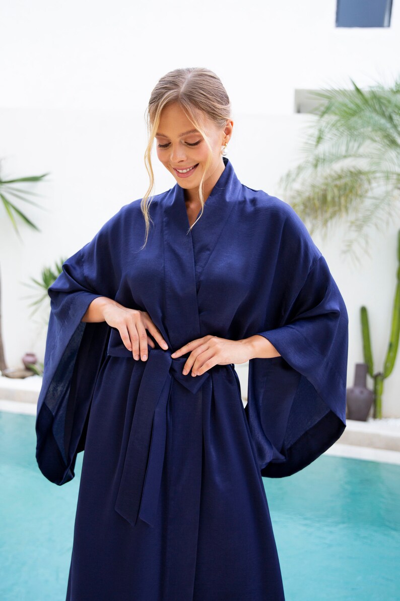 Navy Silky Dressing Gown Long Satin Robe Plus Size Blue - Etsy