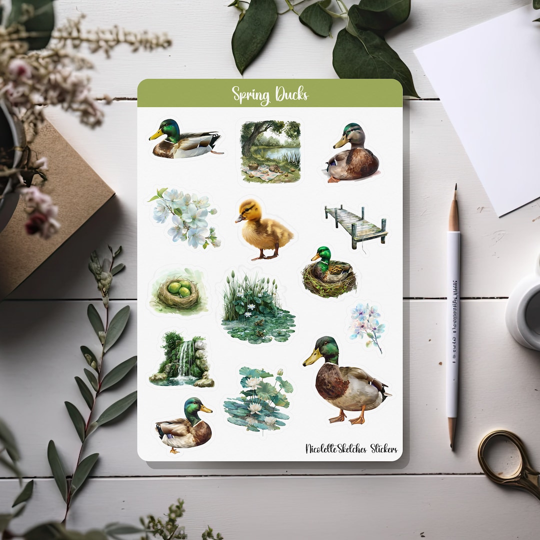 Spring Ducks Sticker Sheet With Cute Wild Ducks or Mallards, Meadow ...