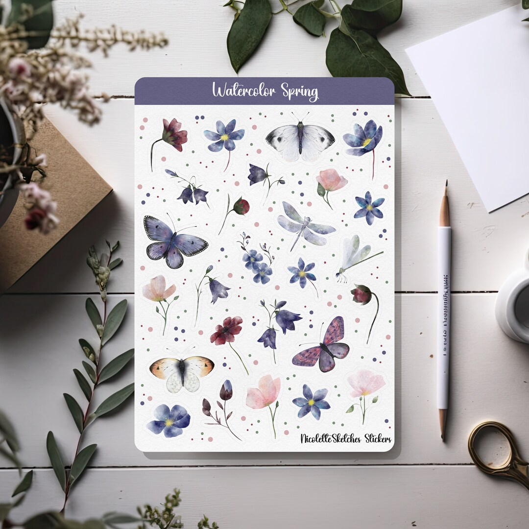 Watercolor Spring Garden Sticker Sheet With Flowers and Butterflies ...