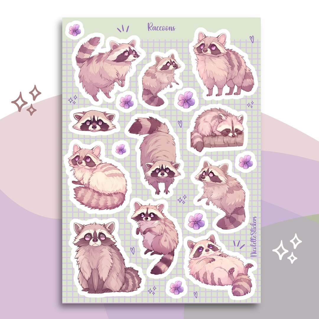Cute Raccoons Sticker Sheet With Kawaii Trash Pandas and Flowers - for ...