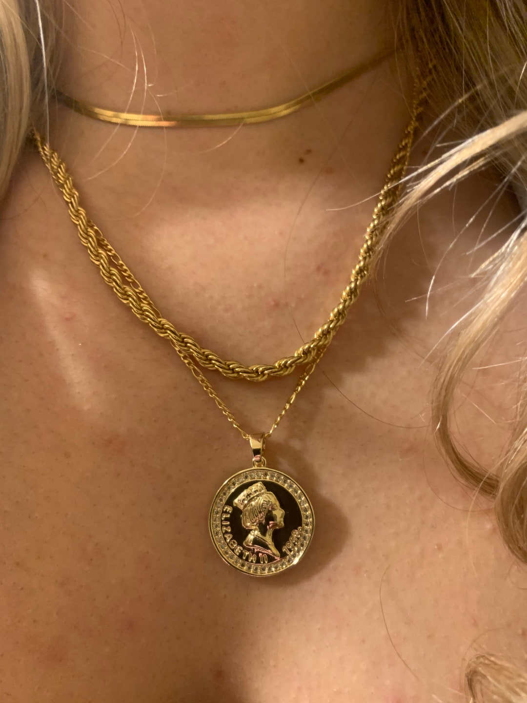 Gold Figaro Chain| Queen Portrait Coin Gold Filled Chain| Layering ...