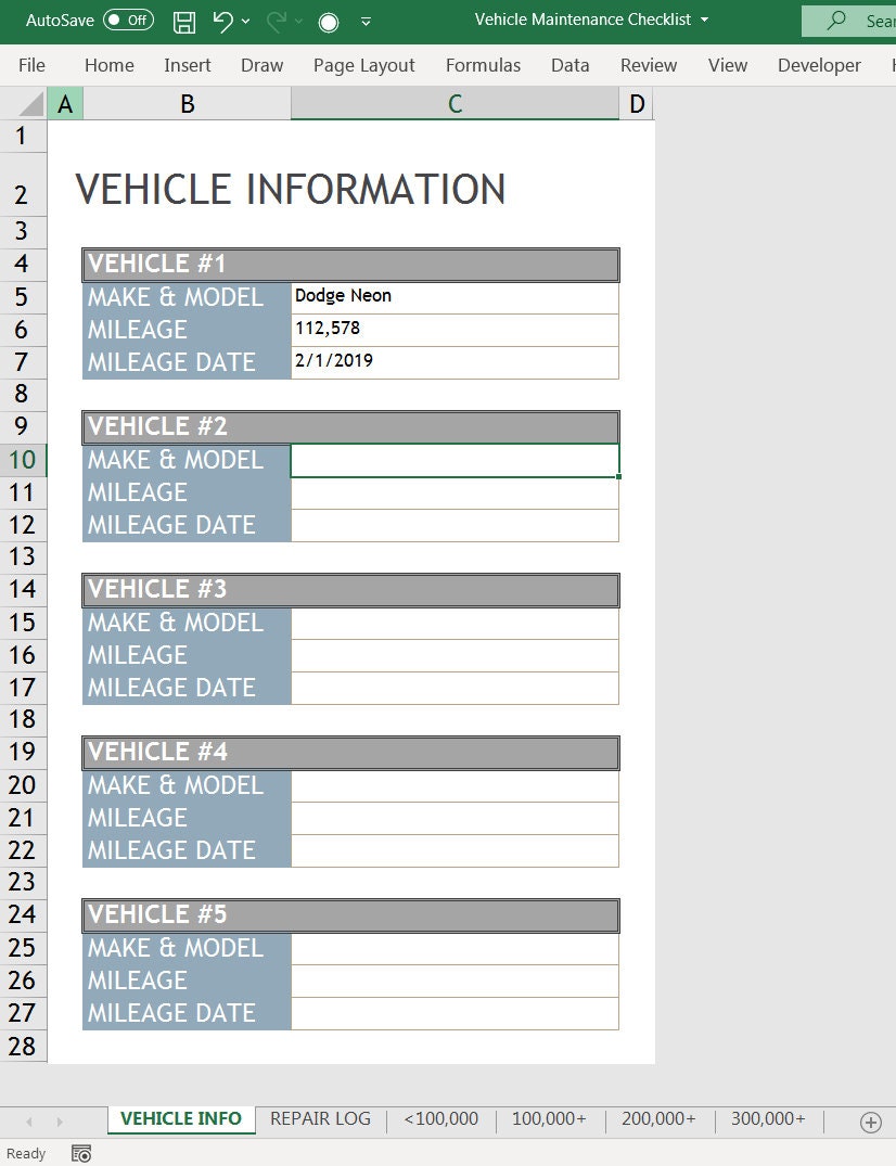 Vehicle Maintenance Schedule, Checklist by Milage, Auto Repair Log ...