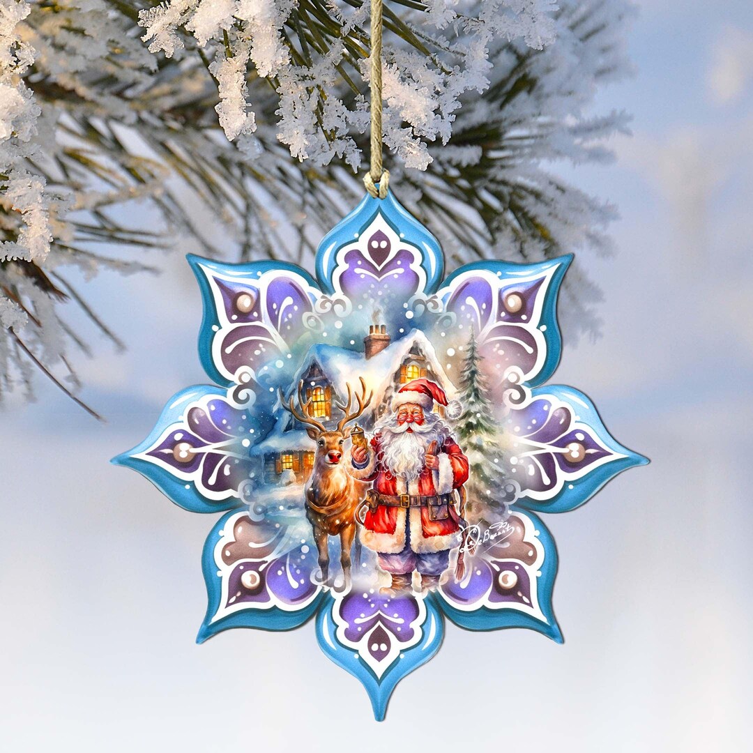 Santa With Reindeer Snowflake Ornament - Christmas Santa and Snowman ...