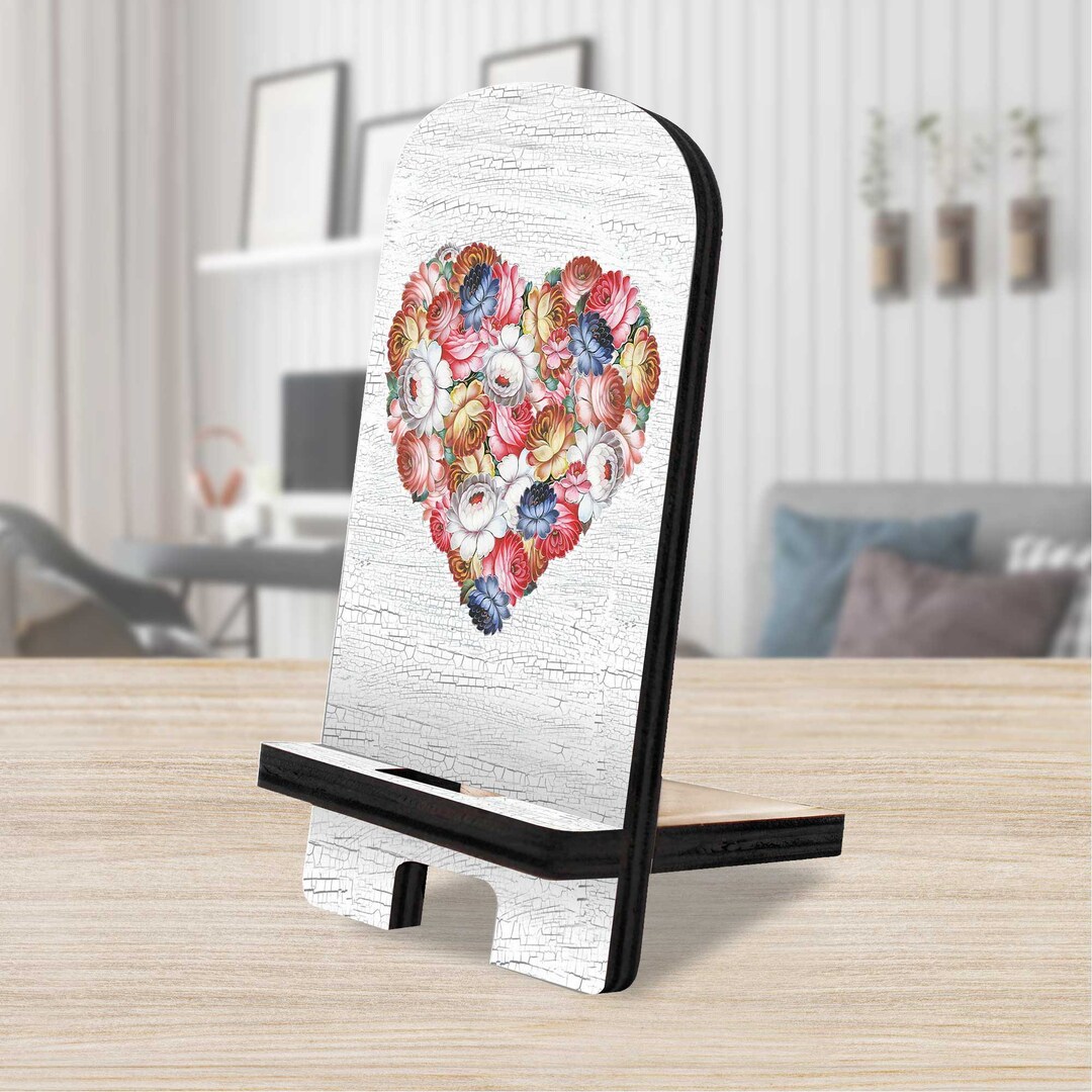 Love Heart Floral Wooden Cell Phone Stand - Charging Station and ...