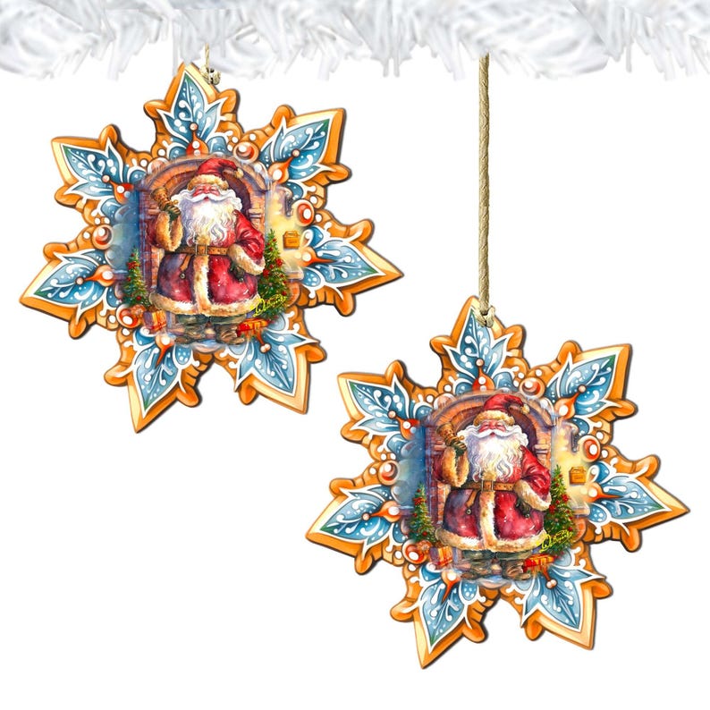 Santa With Bell Snowflake Ornament - Christmas Santa and Snowman Wooden ...