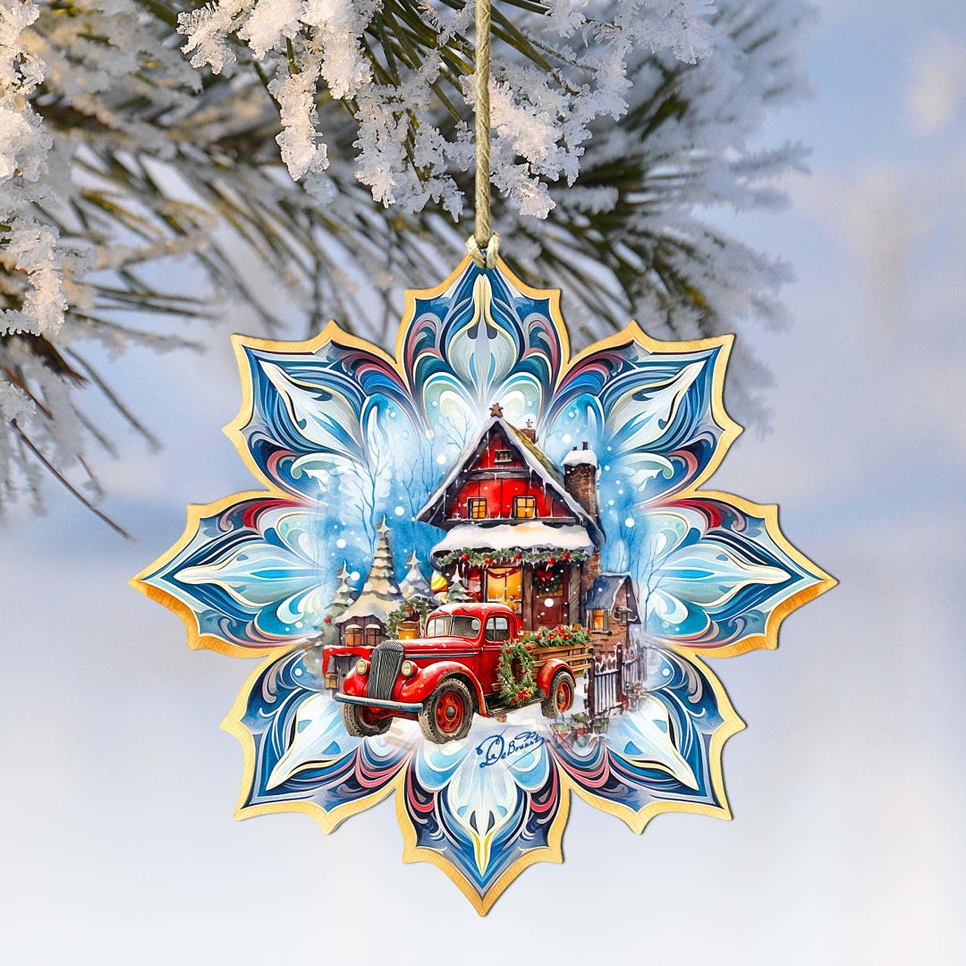 Christmas Cottage Snowflake Ornament - Holiday Tree Wooden Decor ...