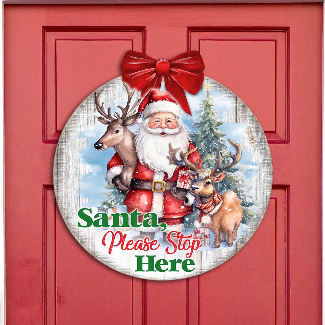 Santa Stop Here Sign for Front Door - Christmas Wooden Porch Decor ...