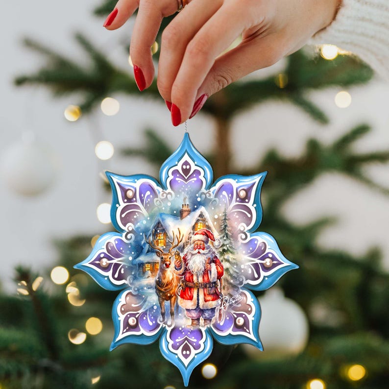 Santa With Reindeer Snowflake Ornament - Christmas Santa and Snowman ...