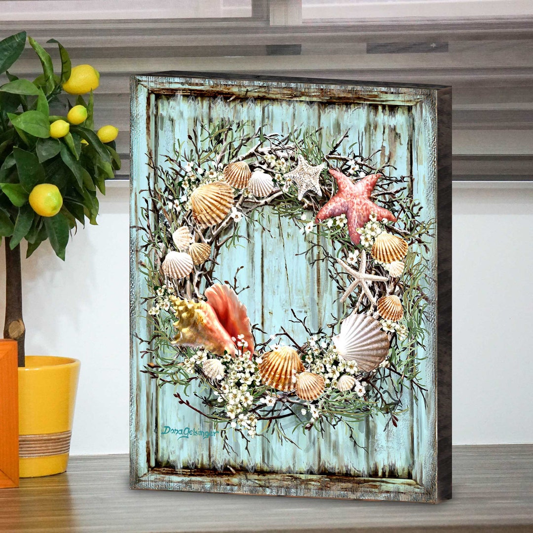 Coastal Christmas Wreath Wall Dona Gelsinger Art - Wooden Decor for ...
