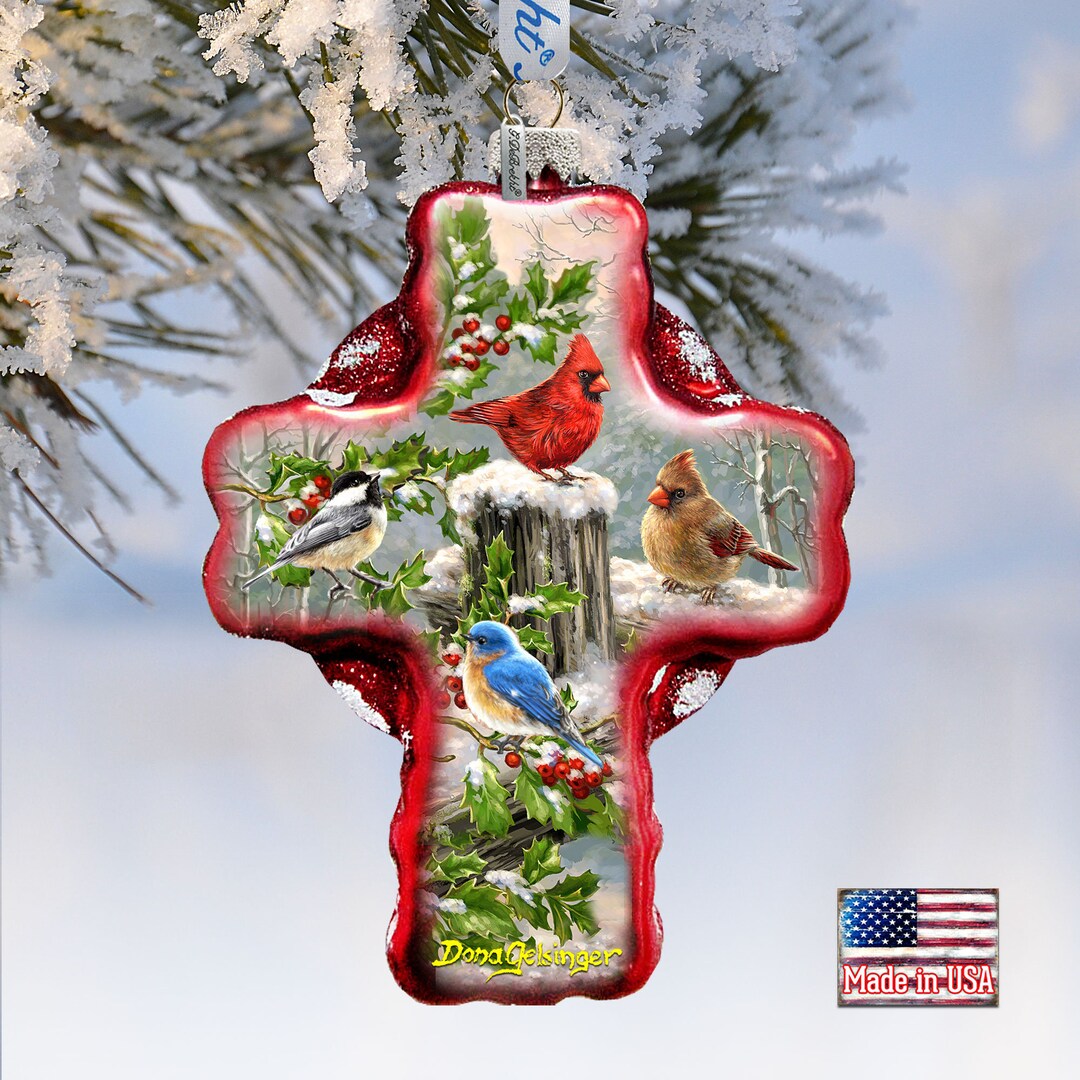 Red Cardinal Mercury Glass Cross Ornament Dona Gelsinger Art - Winter ...