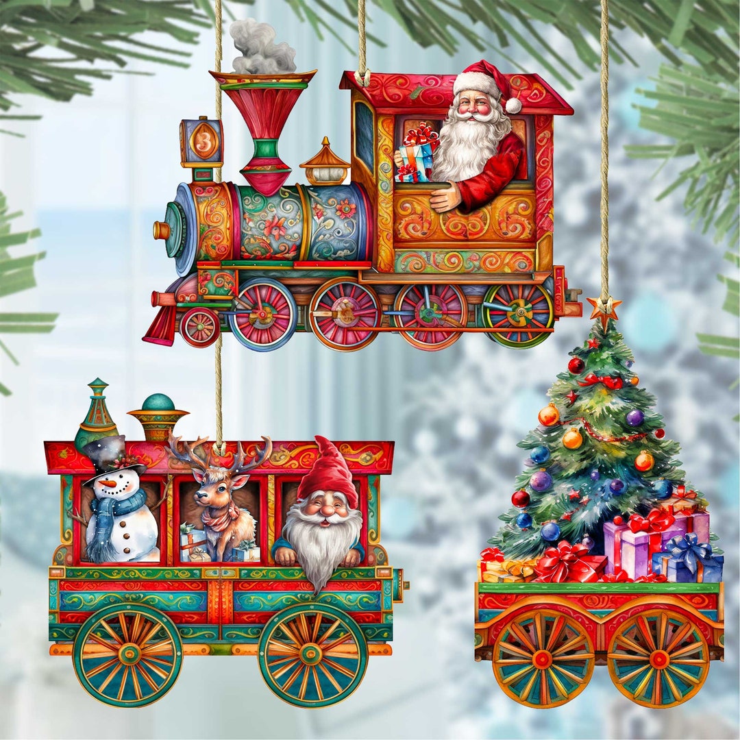 Santas Train Ornament - Set of 3 - Christmas Wooden Decor - 8100199S3 ...