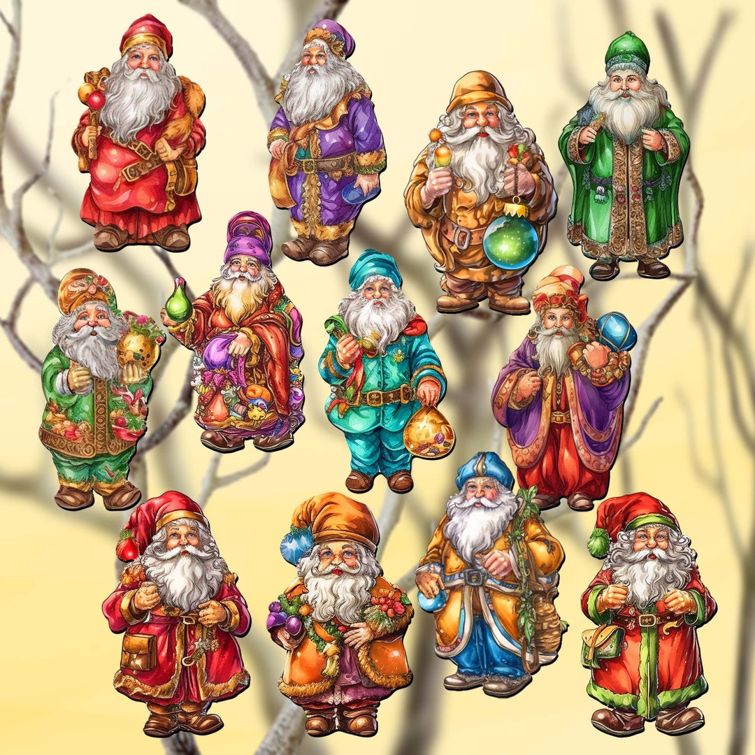Set of Kriss Kringle and Saint Nick Designs - 12 Santa Wooden Ornaments ...
