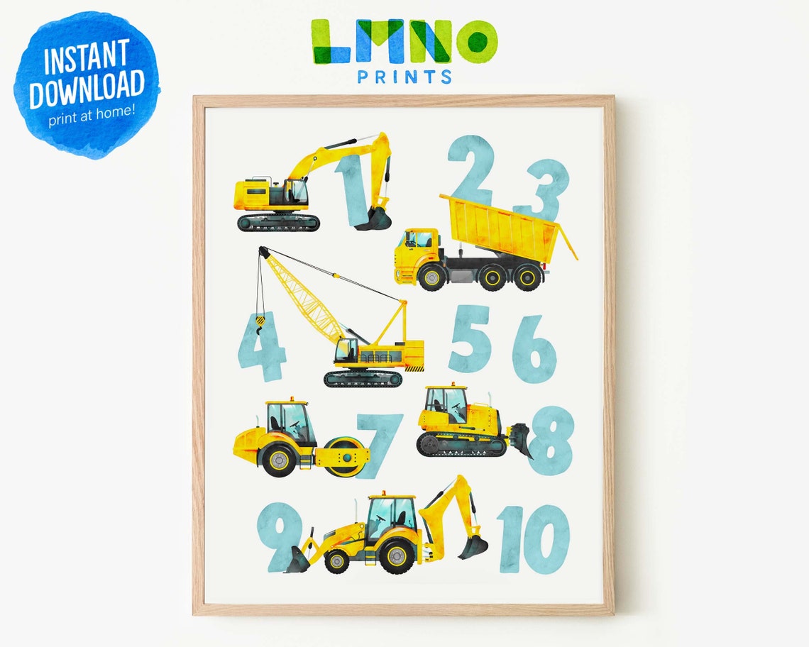 Construction Vehicle Numbers Printable Watercolor Art Truck | Etsy