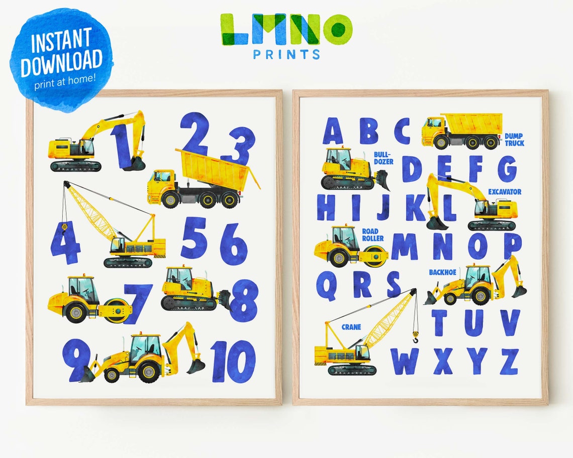 Set of 2 Dark Blue Construction Vehicle Alphabet and Numbers Printable ...