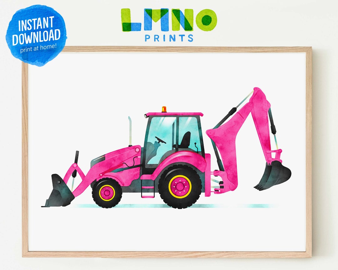 Pink Backhoe Printable Watercolor Art, Construction Vehicle Decor for ...