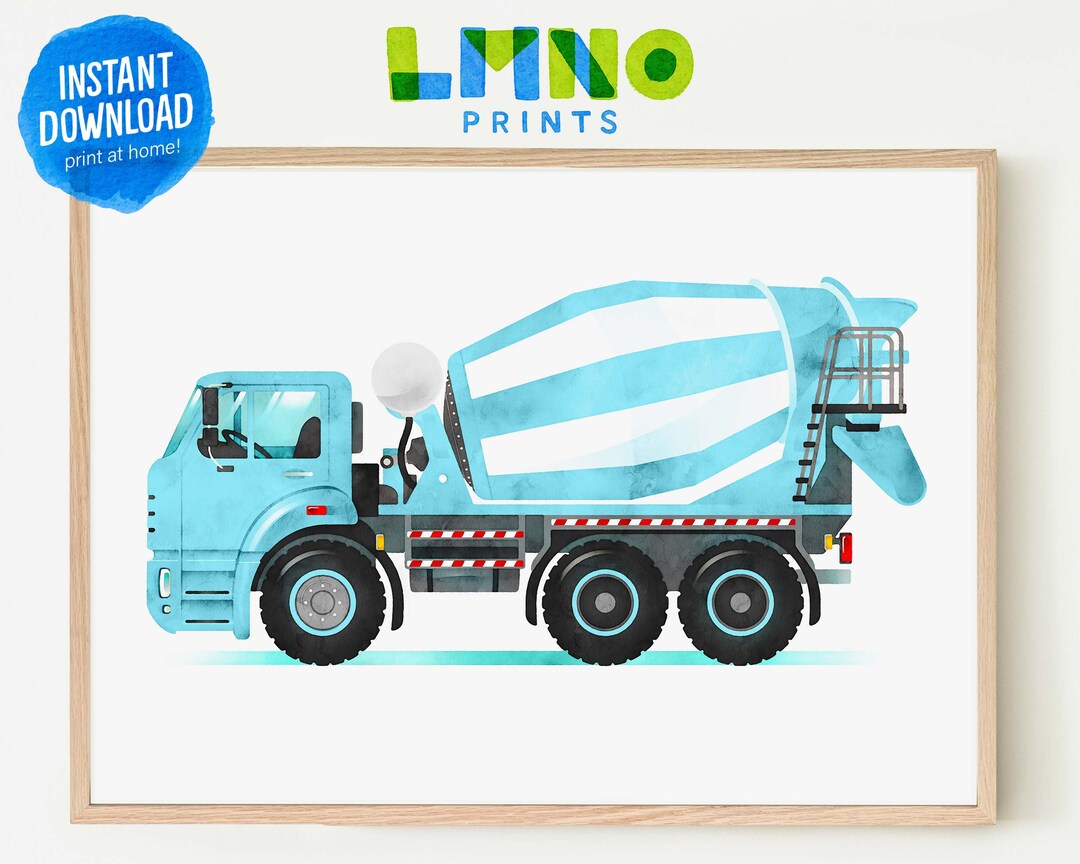 Light Blue Cement Mixer Printable Watercolor Art, Construction Truck ...
