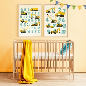 Set of 2 Construction Vehicle Alphabet and Numbers Printable Wall Art ...
