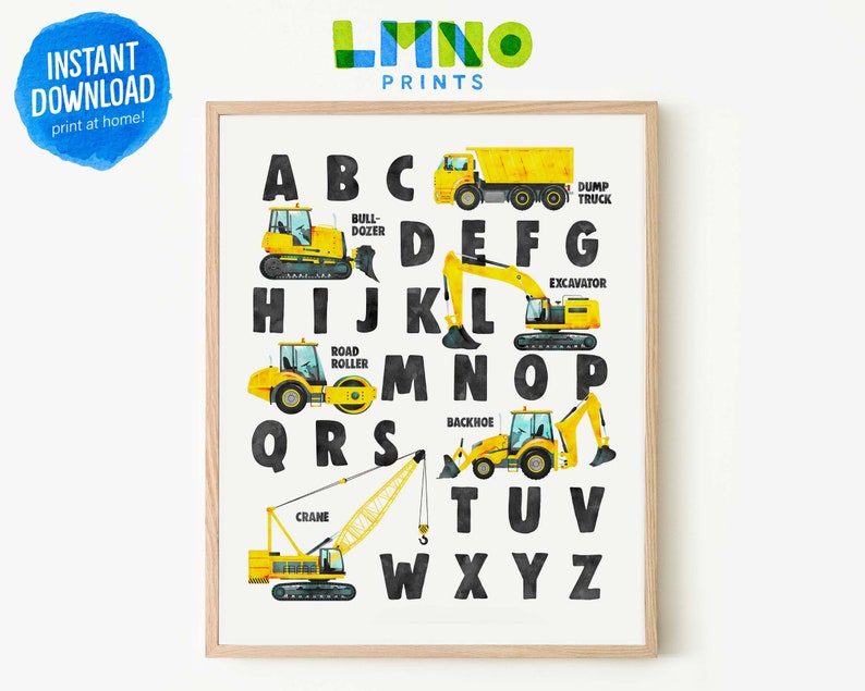 Construction Vehicle Alphabet Printable Watercolor Art Black - Etsy