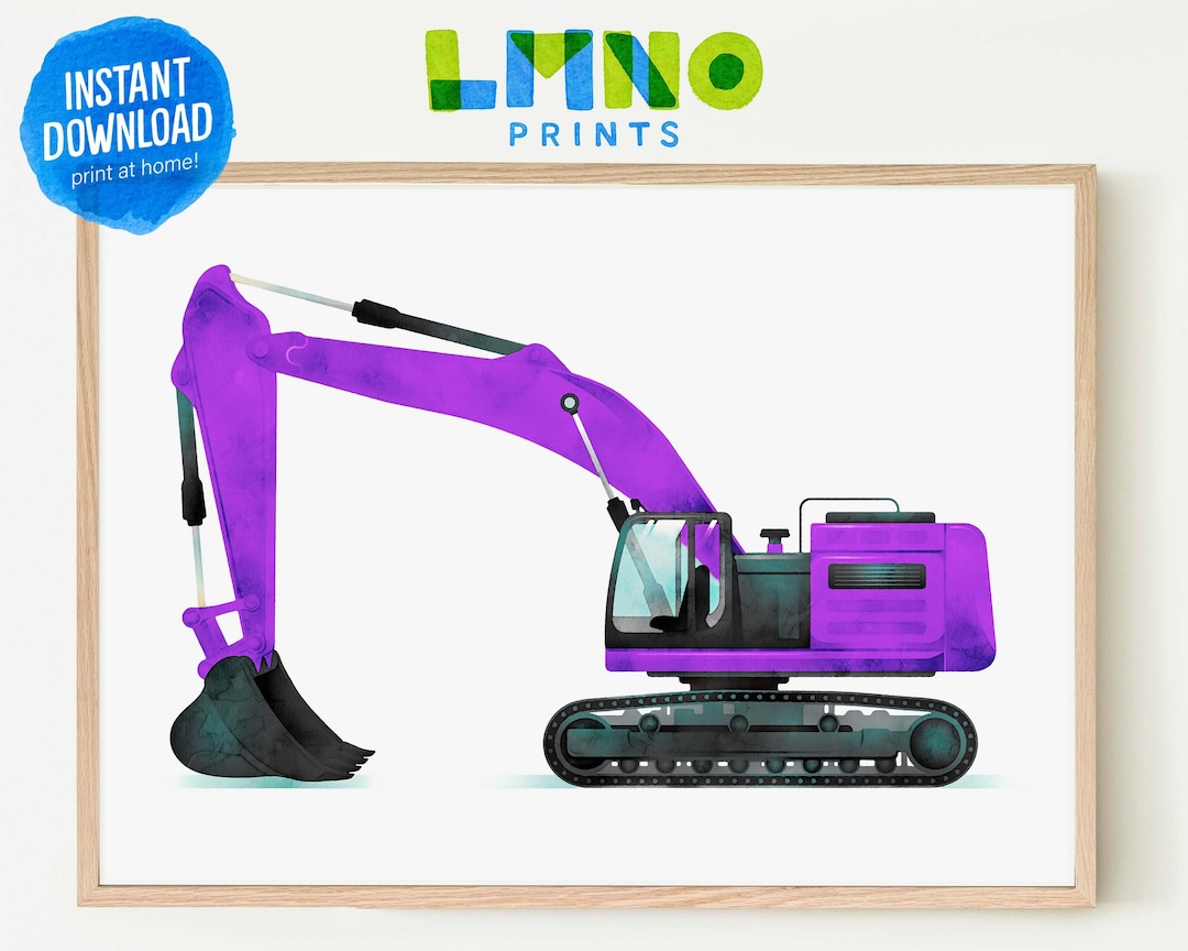 Purple Excavator Printable Watercolor Art, Construction Vehicle Decor ...