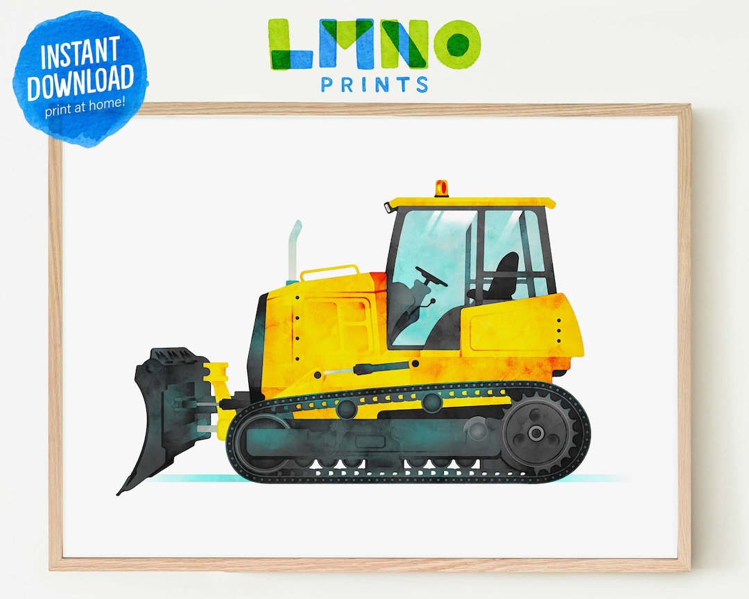 Yellow Bulldozer Printable Watercolor Art, Construction Vehicle Decor ...
