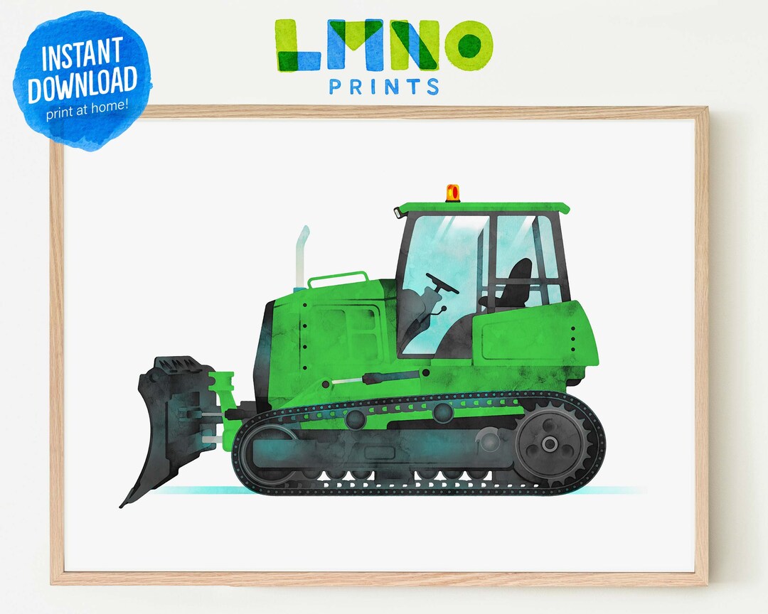 Dark Green Bulldozer Printable Watercolor Art, Construction Vehicle ...