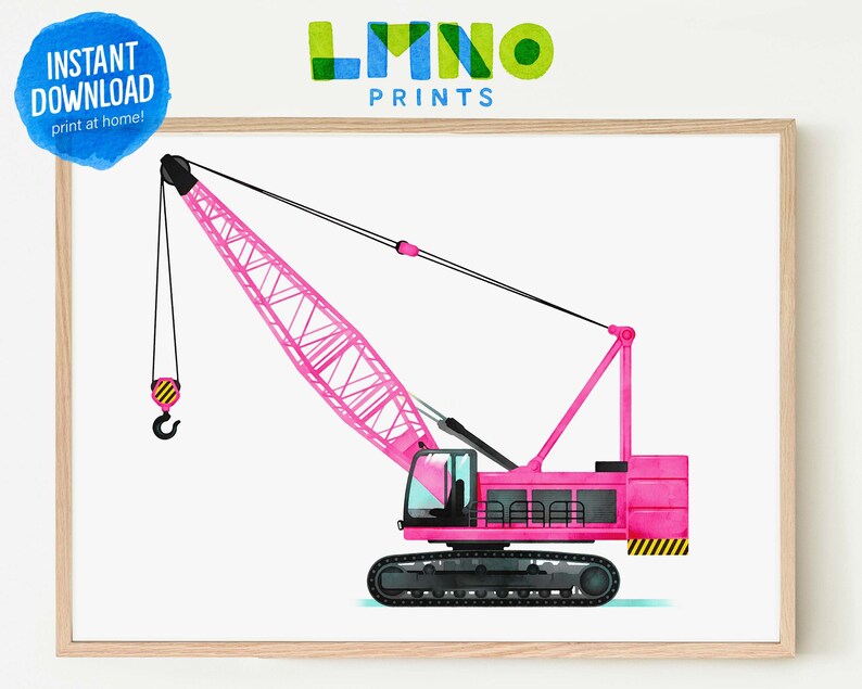 Pink Crane Printable Watercolor Wall Art Construction Vehicle - Etsy