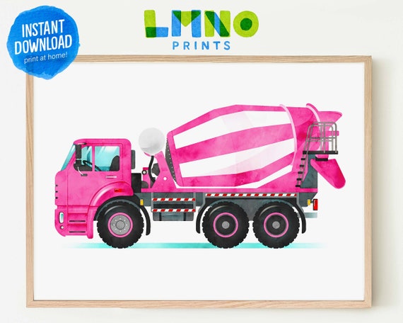 Pink Cement Mixer Printable Watercolor Art Construction Truck - Etsy