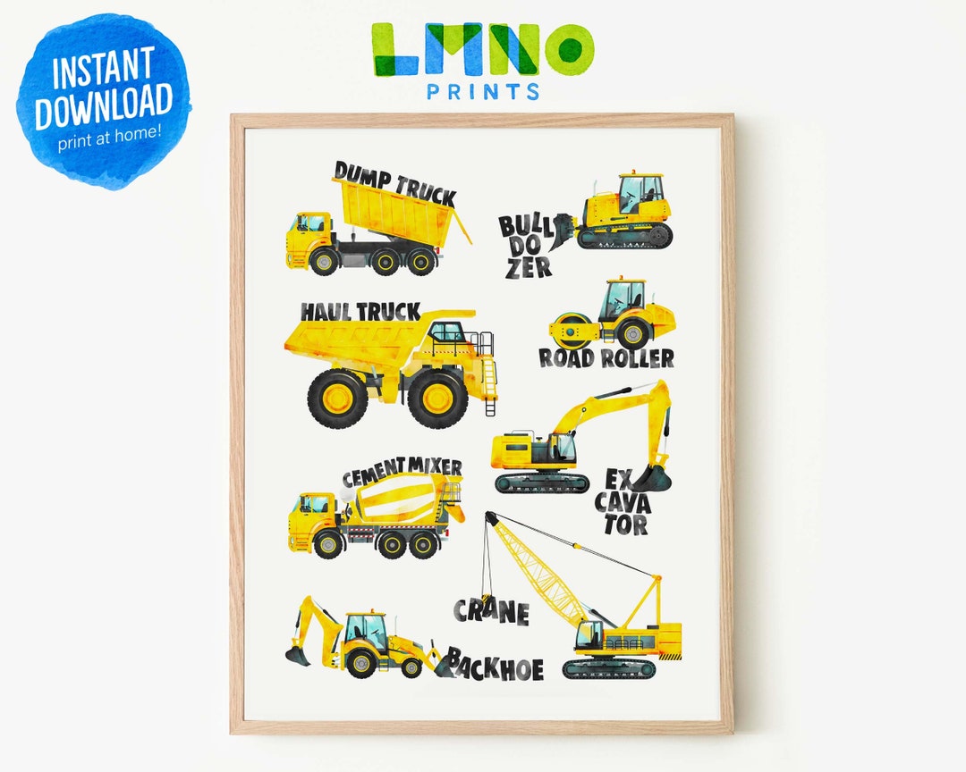 Construction Vehicles Printable Watercolor Wall Art, Dump Truck and ...