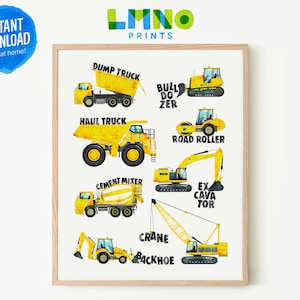 Construction Vehicles Printable Watercolor Wall Art, Dump Truck and ...